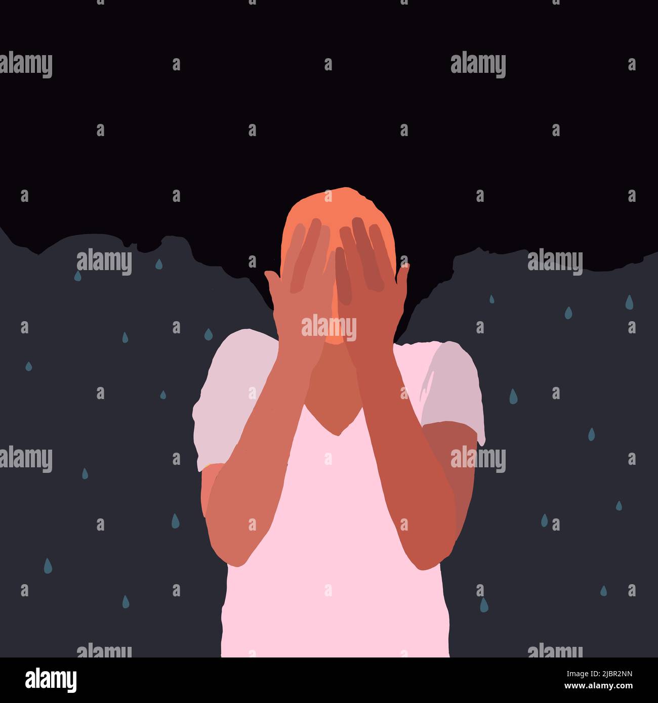 A crying young woman covers her face with her hands. The concept of ...