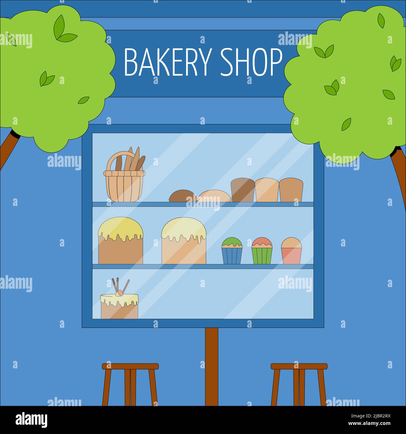 The building of the city bakery with outdoor tables and chairs. Vector ...