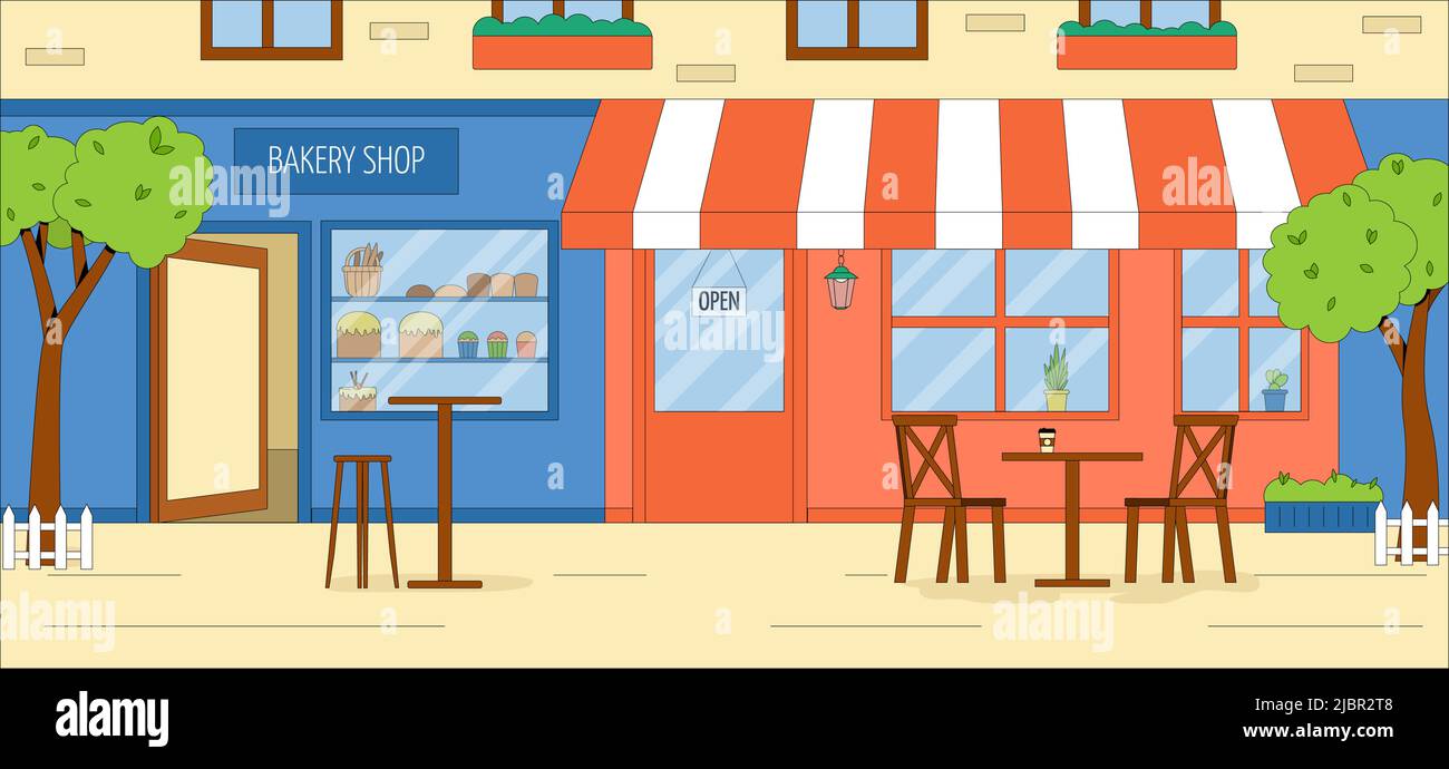 The building of the city bakery with outdoor tables and chairs. Facade ...