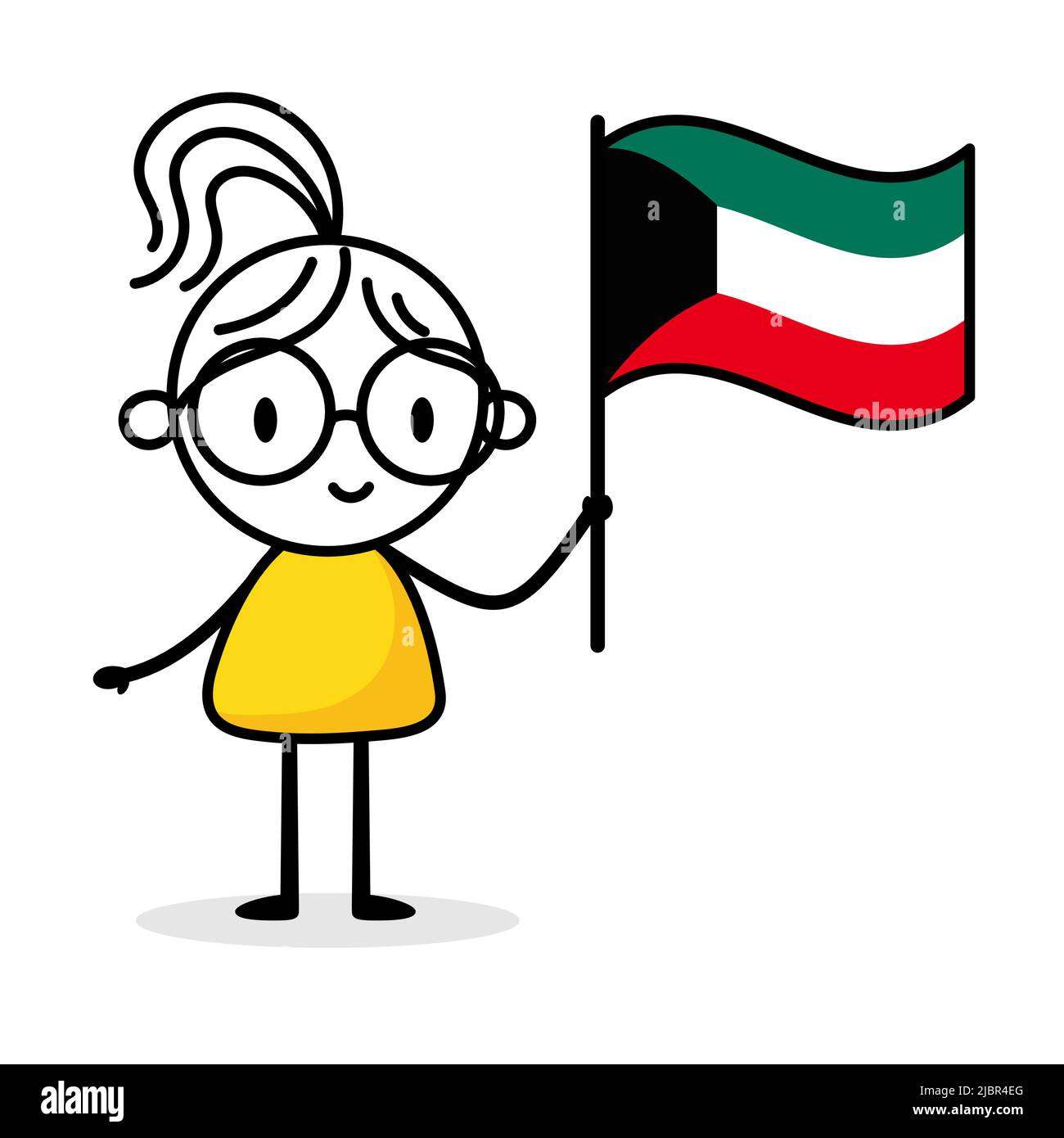 Woman holding flag of Kuwait isolated on white background. Hand drawn ...