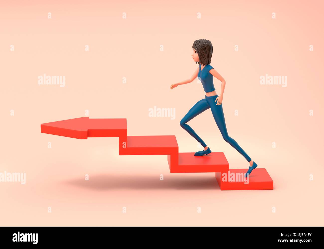 A cartoon woman runs up the stairs with an arrow pointing up. The ...
