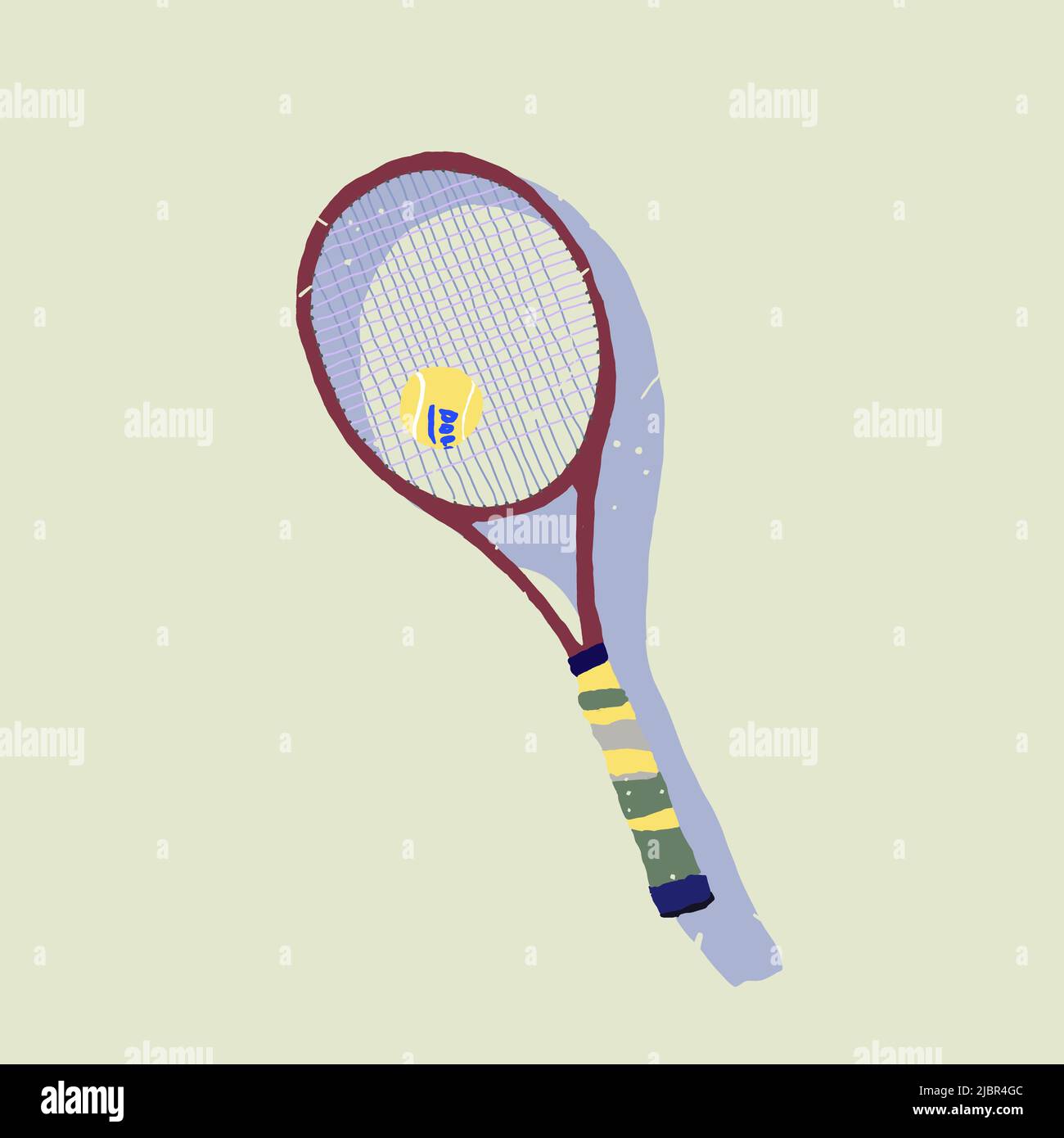 A Tennis racket with a ball lying on the floor. Hand drawn vector ...