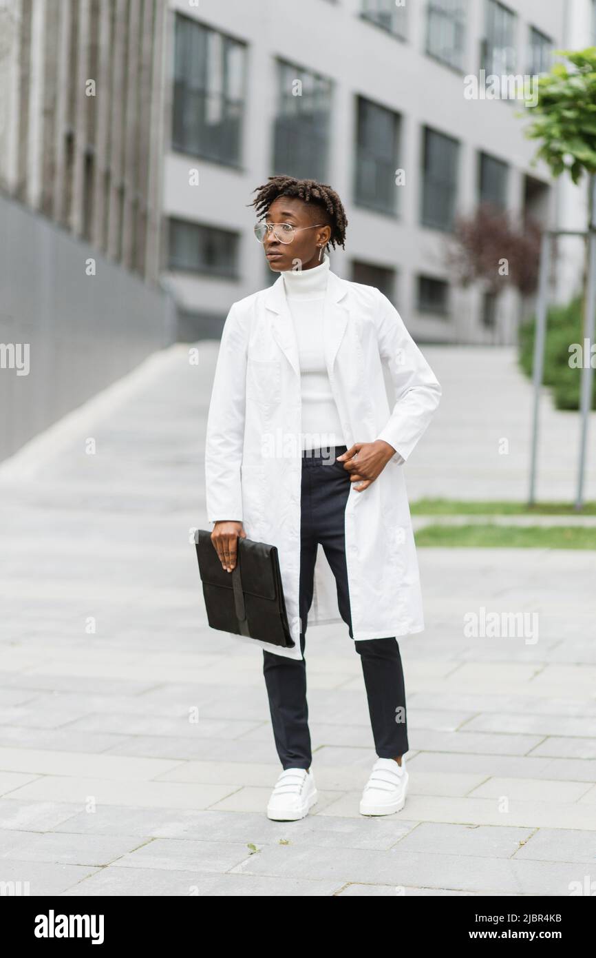 Portrait of young smart focused african female medical intern doctor ...
