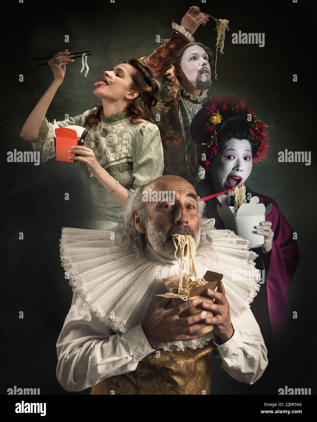 Different people in image of medieval persons in vintage clothing ...