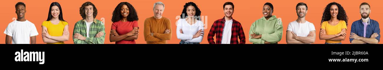 Collection of happy multiracial people posing on orange background ...