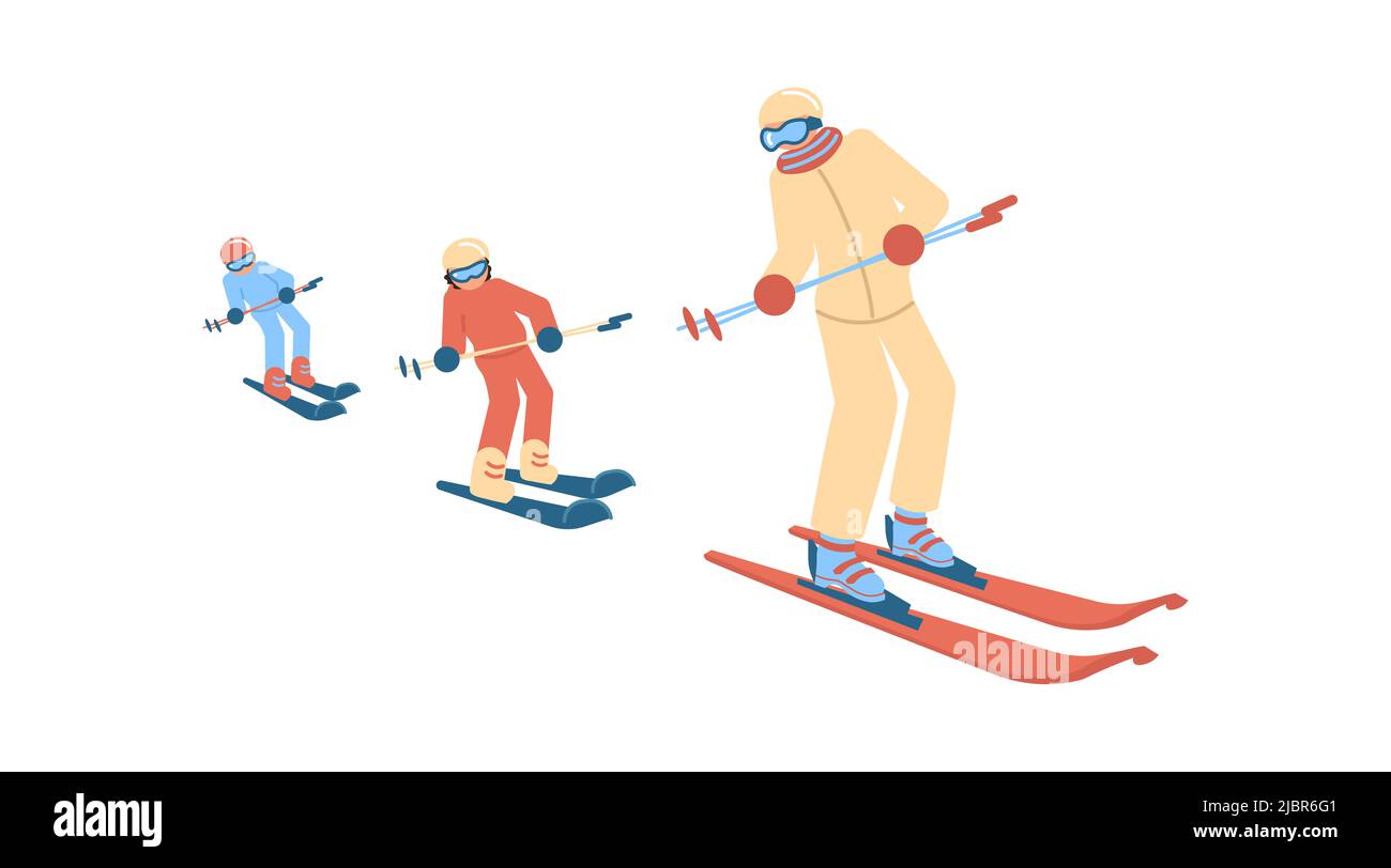 Cartoon skiers in ski school isolated on white background. Mountain ...
