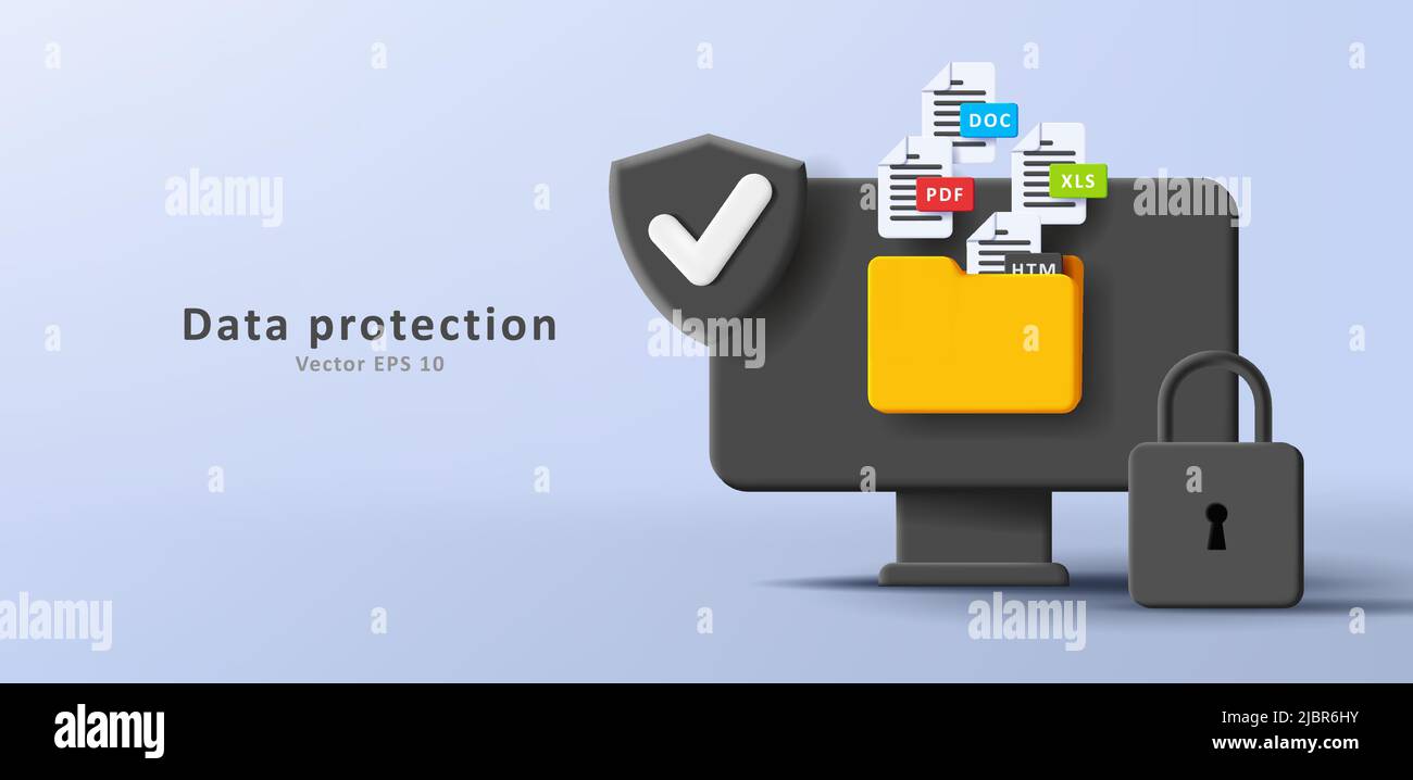 Data protection 3d illustration with computer and folder with files ...