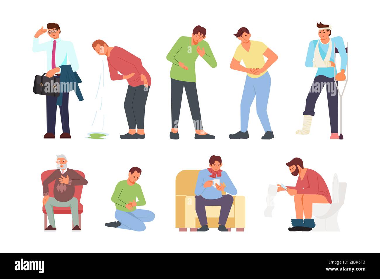 Set of ill different sick men isolated on white background. Bundle of ...