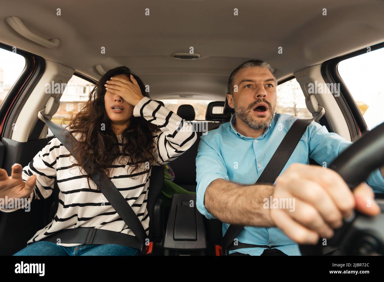 Scared Couple Riding Automobile Having Risk Of Car Accident Stock Photo ...