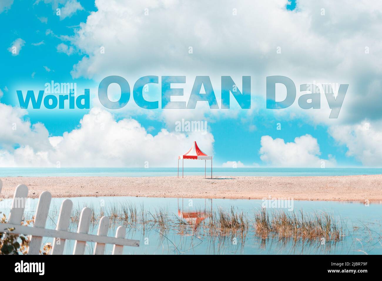 World ocean day. View of the sea coast with a single canopy. Blue ...