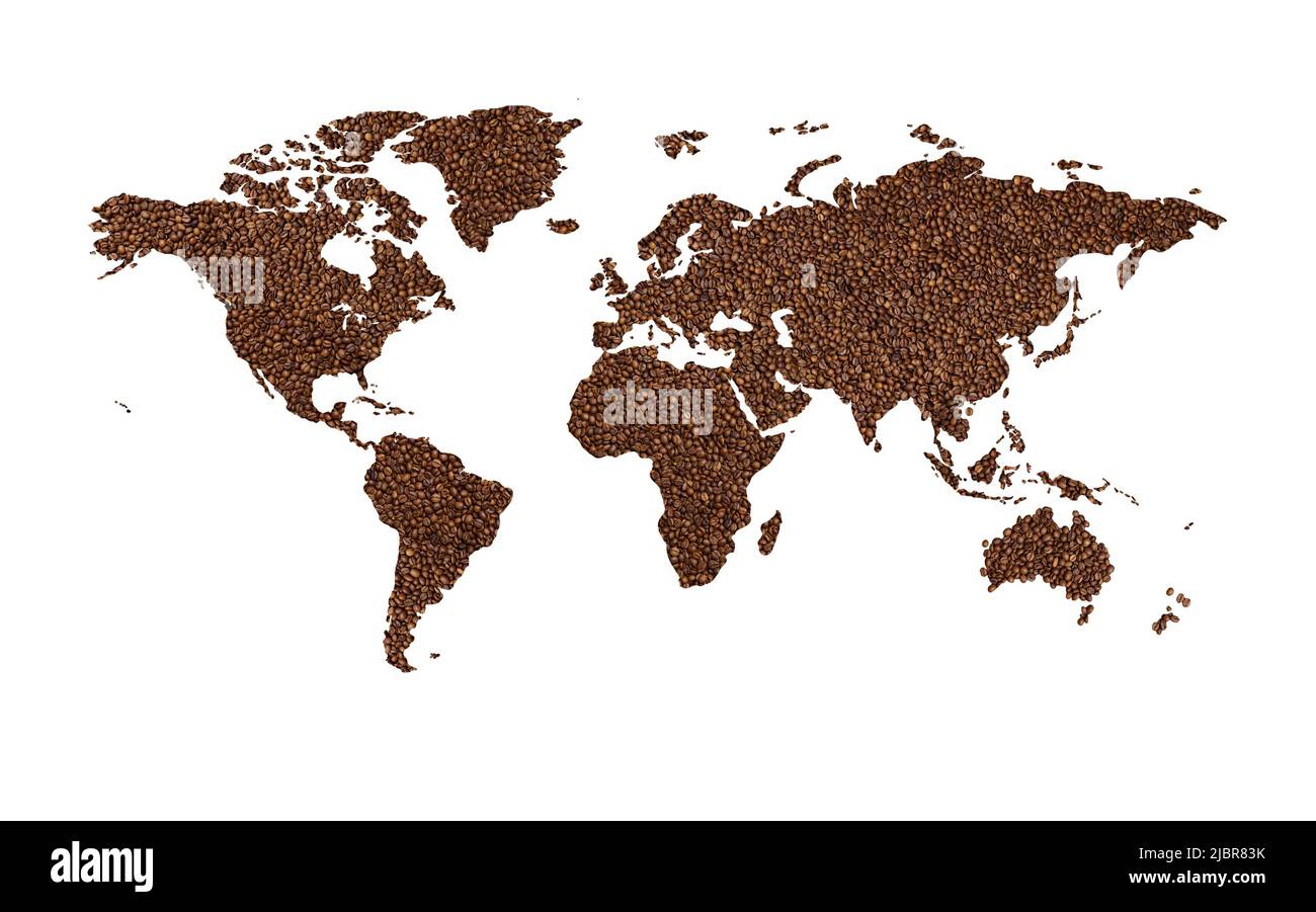 World map from roasted coffee beans on a white background. Coffee ...