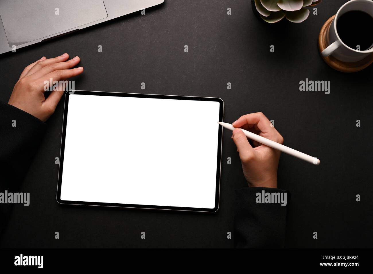 A female holding a stylus pen and drawing on digital tablet touchpad ...