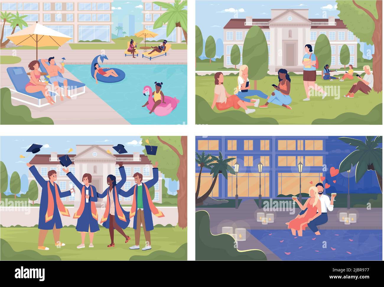 Public and private places in city flat color vector illustrations set ...