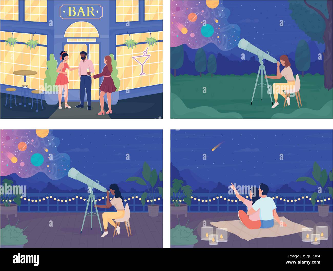 Night scenes with people flat color vector illustrations set Stock ...