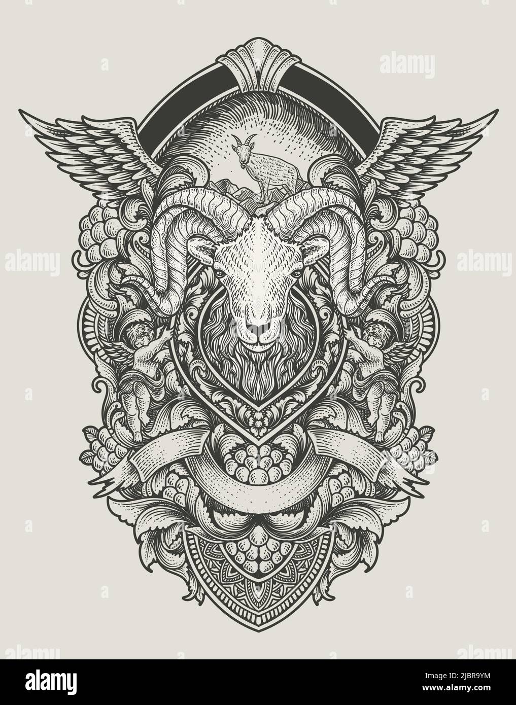 Illustration goat head with antique engraving ornament Stock Vector ...