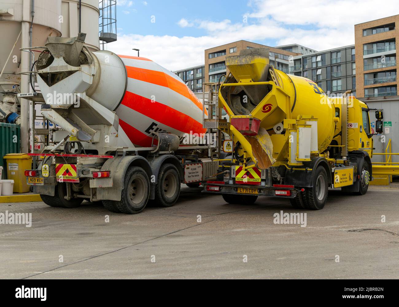 Concrete mixer vehicles in yard, Euromix Concrete, Greenwich, London ...