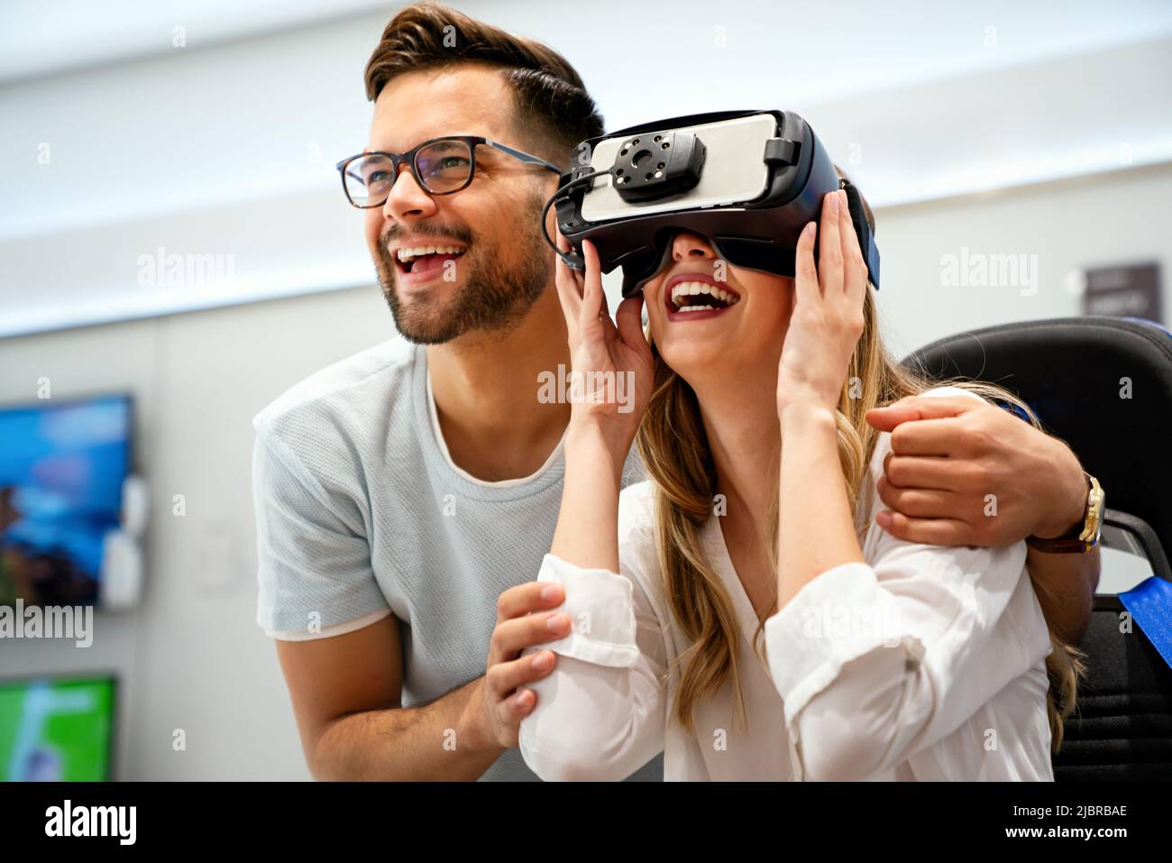 Group of people using virtual reality headset at exhibition, show. VR ...