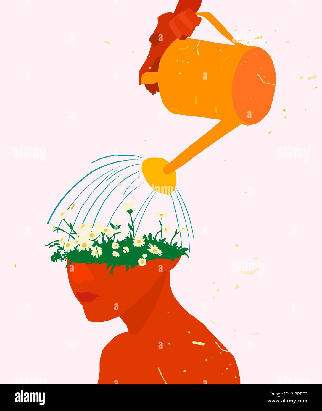 Flowers growing from the head. Care of yourself, watering. The concept ...