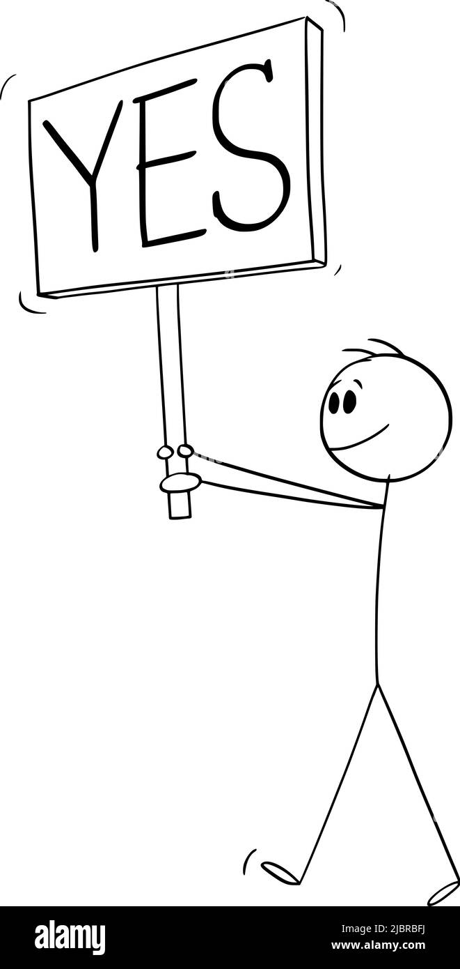 Person Holding Yes Sign and Walking, Vector Cartoon Stick Figure ...
