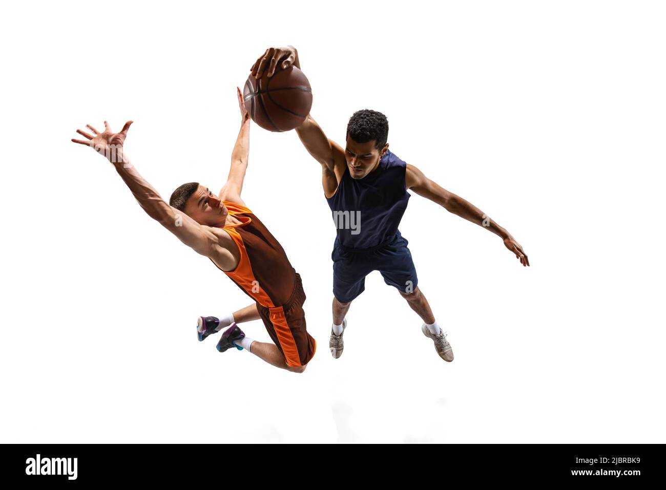 Top view dynamic shot of two professional basketball players in motion ...