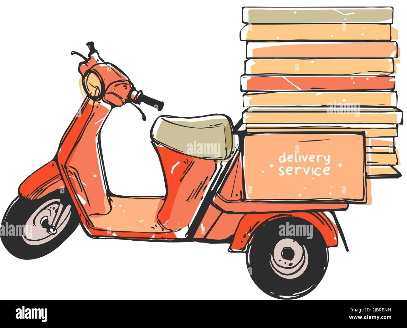 Delivery service vintage scooter, food shipping transport. Vector ink ...