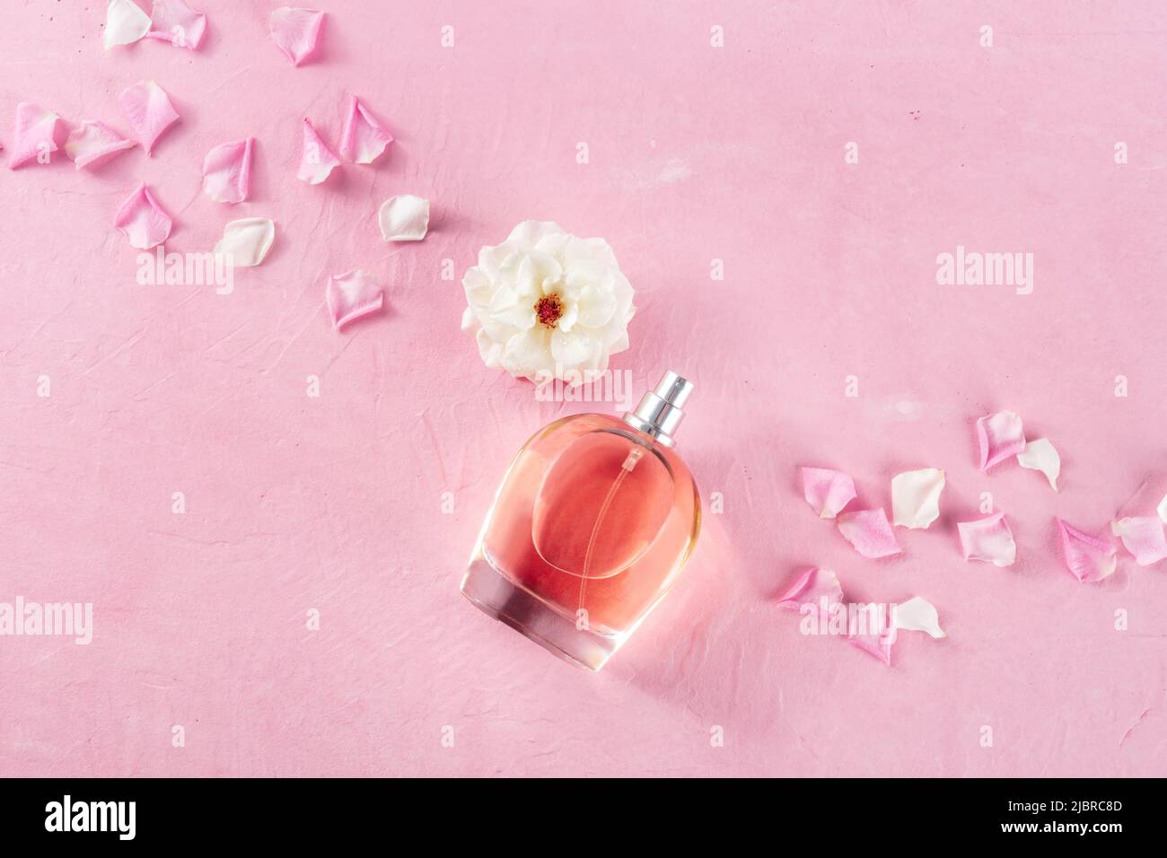 Rose fragrance bottle, a luxury product, shot from the top on a pink ...
