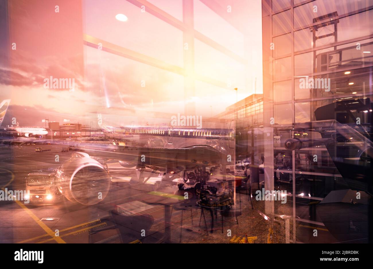 View from glass window of the airport building to outside. Passenger ...
