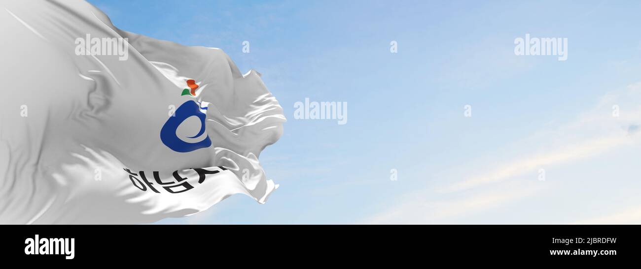 official flag of Hanam city, South Korea at cloudy sky background on ...