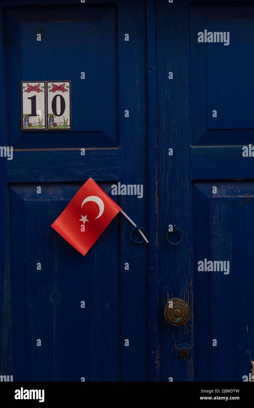 Bodrum, Mugla, Turkey. April 23rd 2022 A pretty blue door with a ...