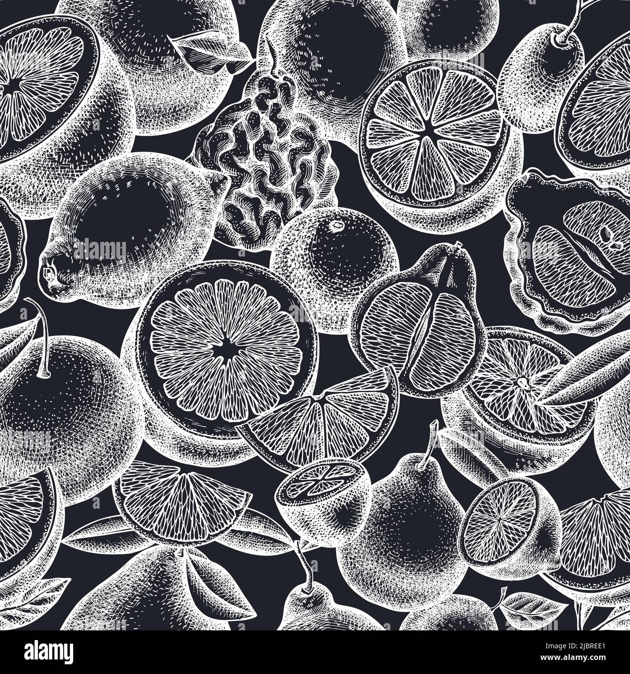 Citrus seamless pattern background design. Engraved style. Hand drawn kumquat, lemon, tangelo ...