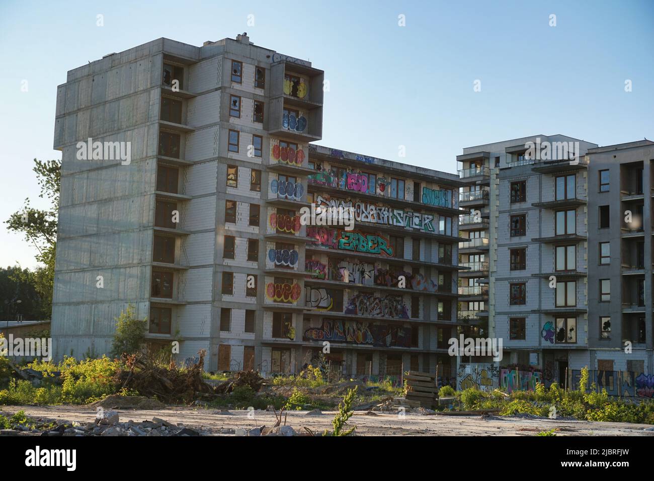 Warsaw, Poland, June 5th 2022 - Unfinished residential building covered ...