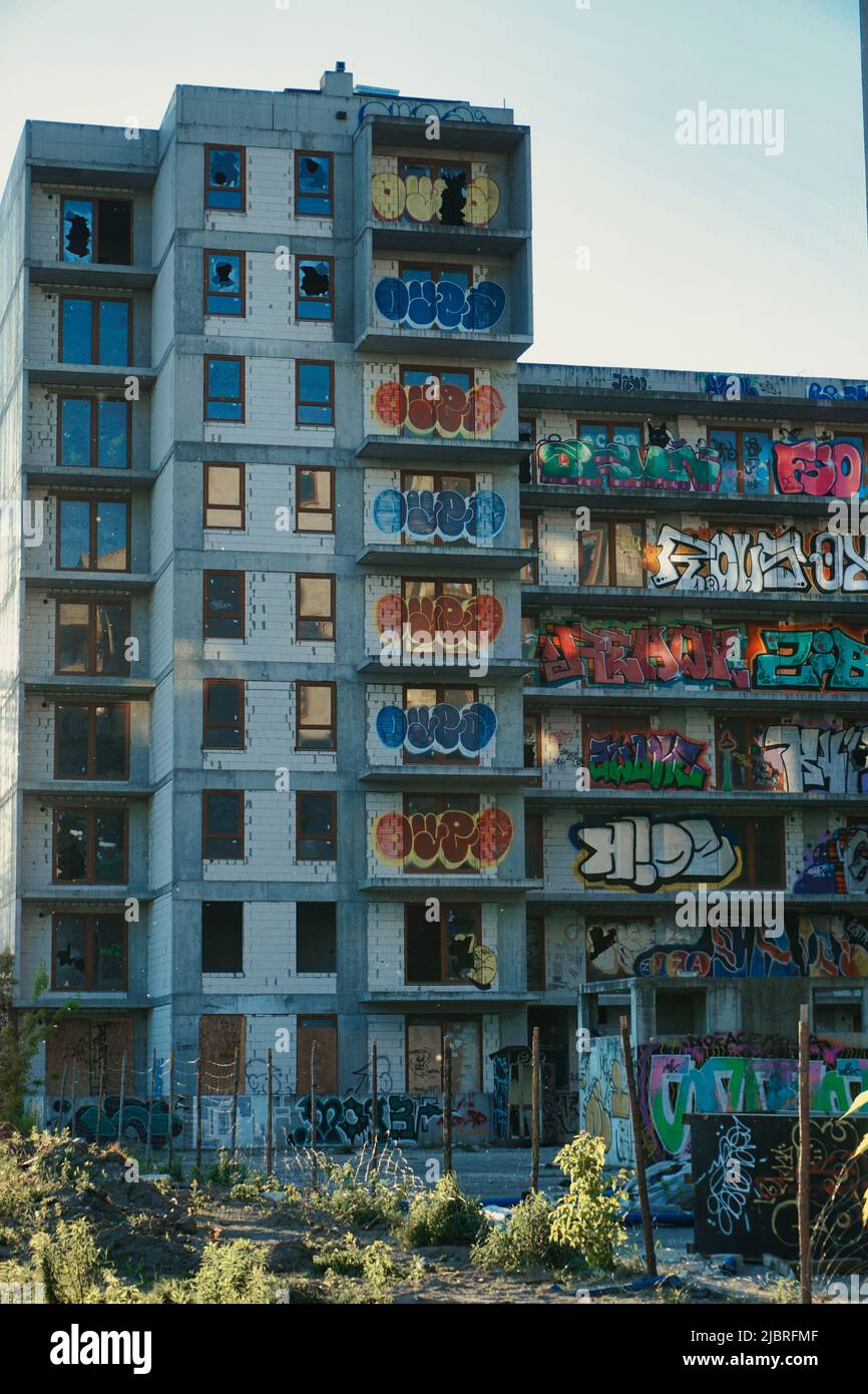 Warsaw, Poland, June 5th 2022 - Unfinished residential building covered ...