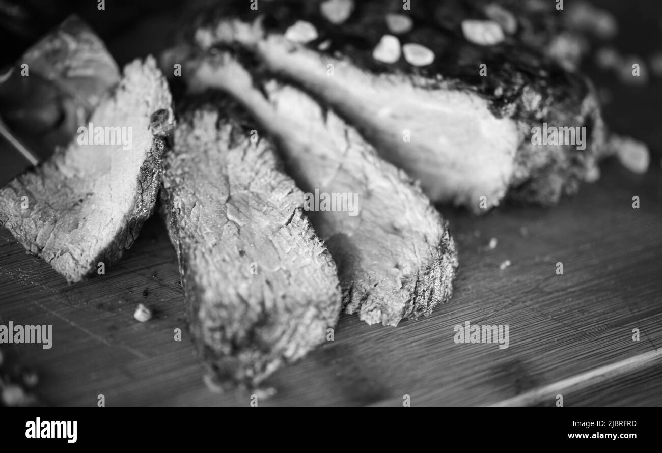 Closeup grilled steak on grill Black and White Stock Photos & Images ...