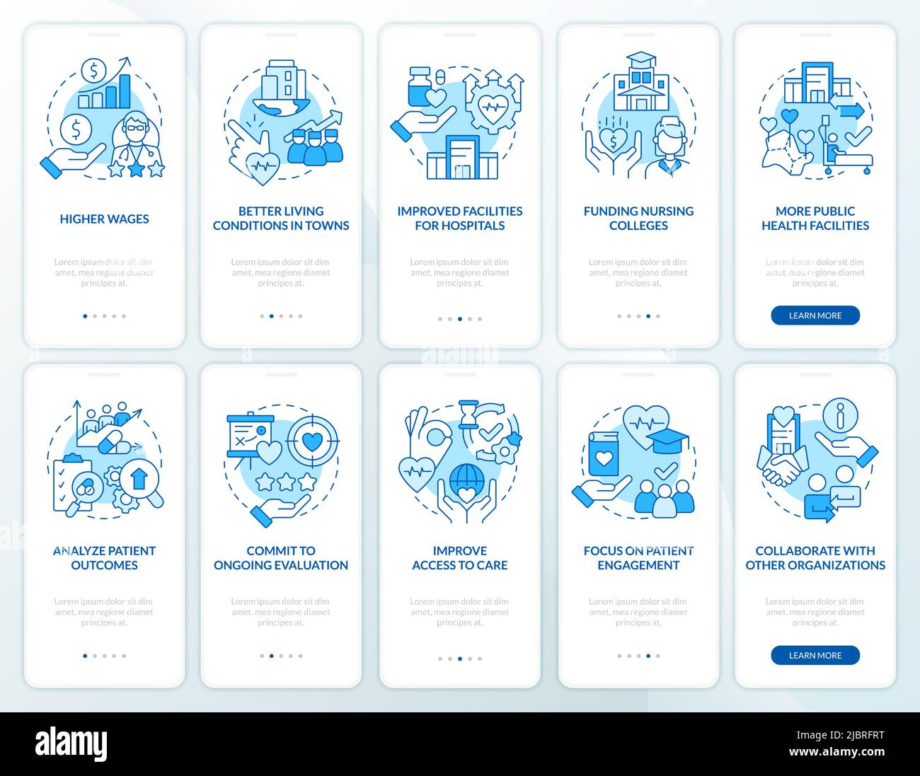 Health system transformation blue onboarding mobile app screen set ...