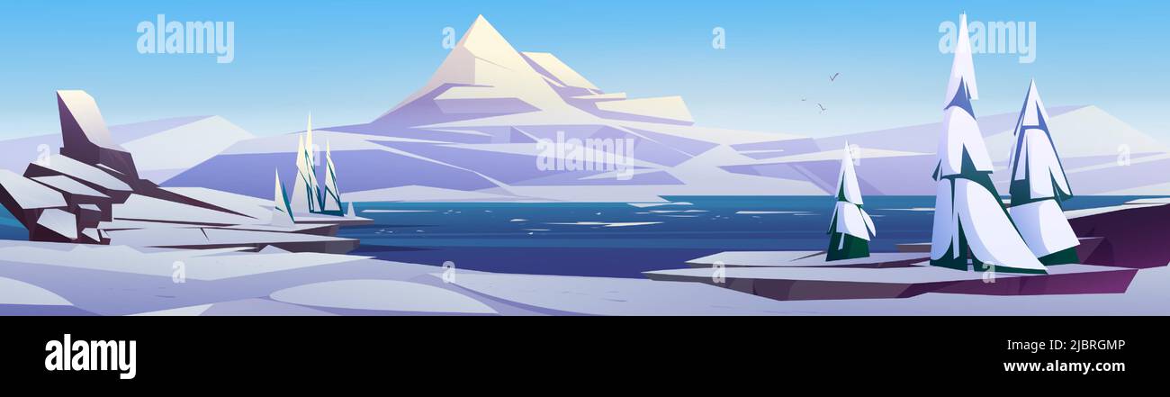 Nordic winter landscape with white mountains, snow and firs on sea ...