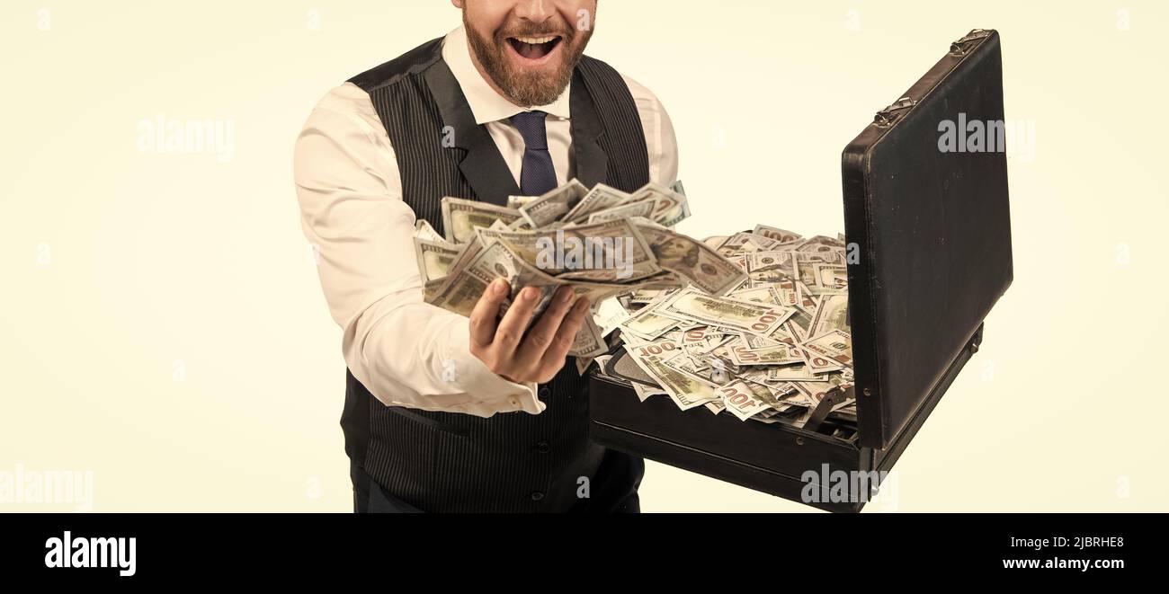 cropped happy man hold cafe with money isolated on white background ...