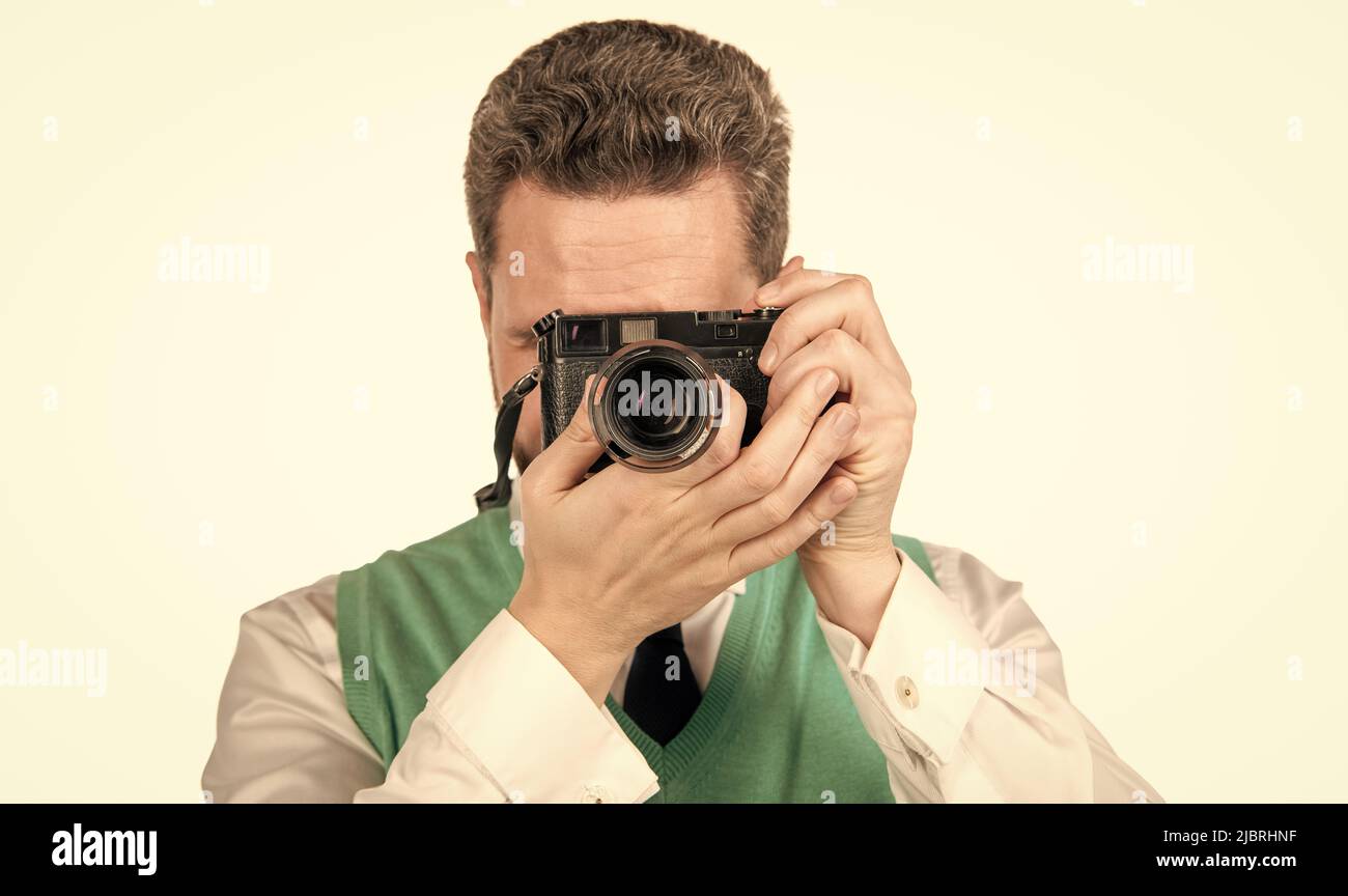 photographer with professional camera isolated on white, photoshoot ...