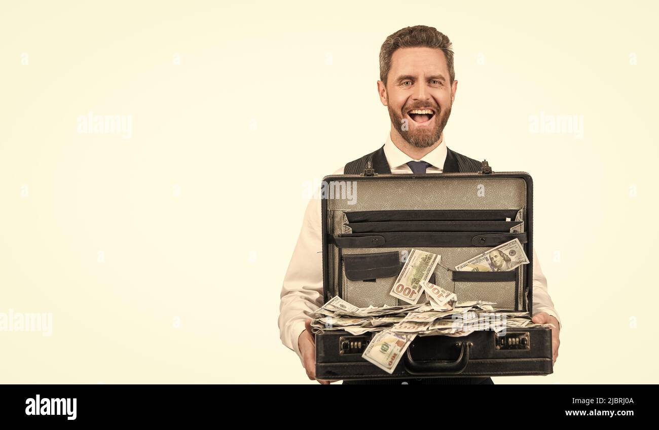 financial support. investment. happy businessperson with money case ...