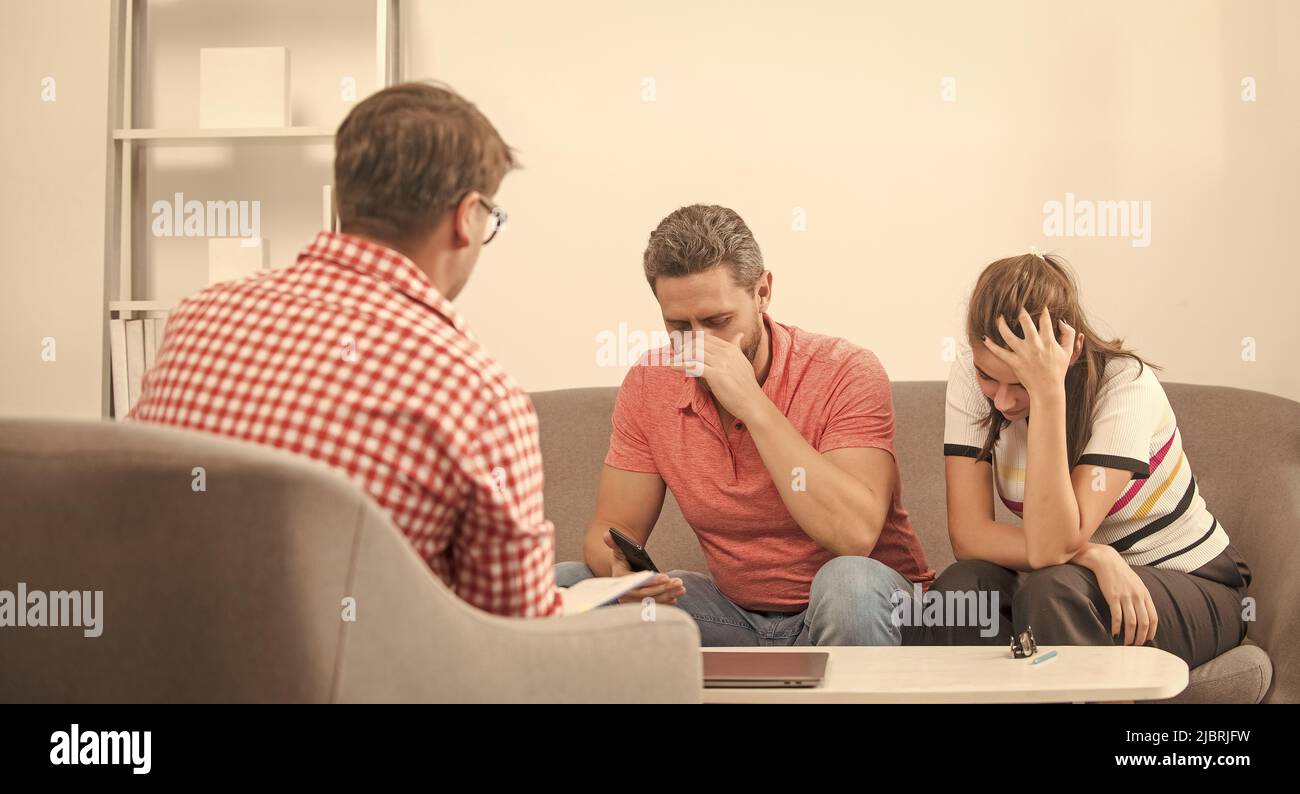 sad couple at psychologist session. family therapy. man and woman talk ...