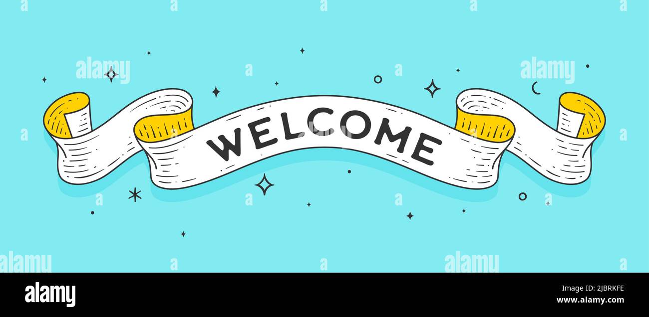 Welcome. Old school vintage ribbon, retro greeting card with ribbon ...