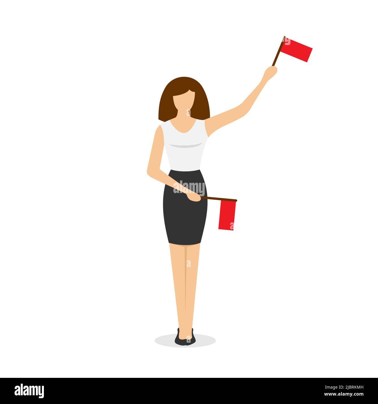 Young woman traffic controller holding flags and showing right way ...