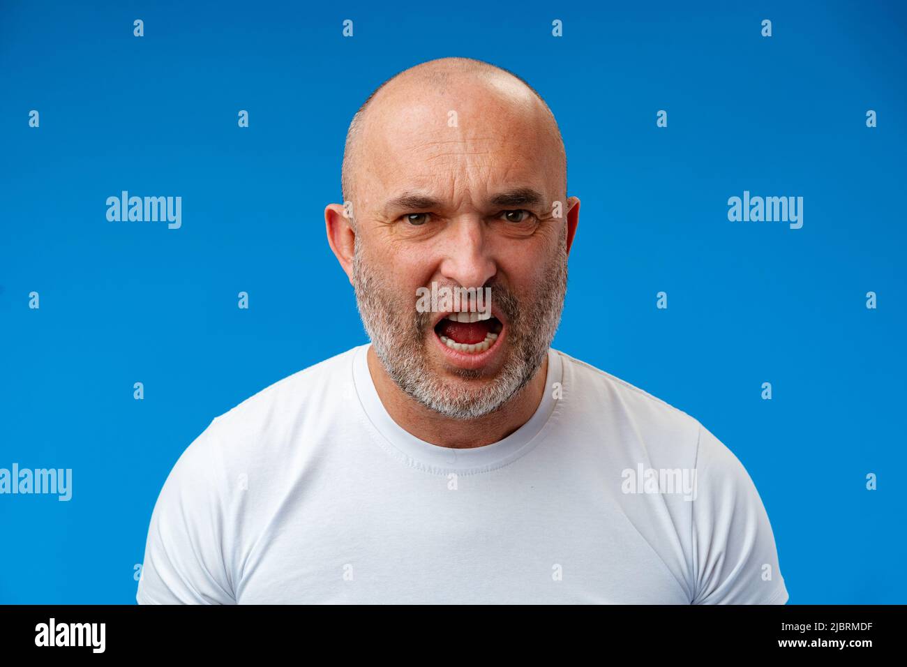 Frustrated bearded man shouting and screaming against blue wall Stock ...