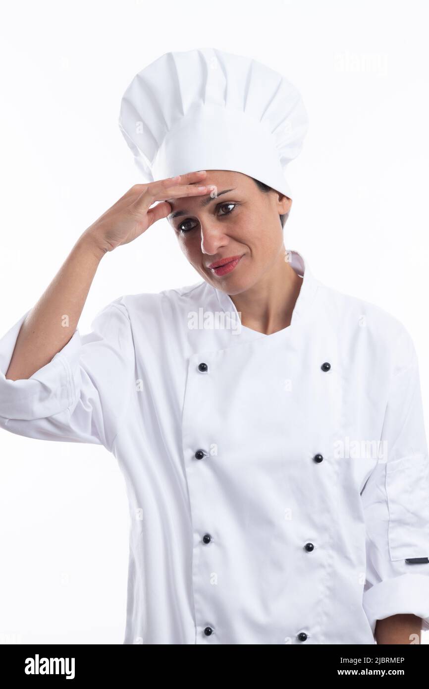 Latina woman cook with hand on head stressed and frustrated on white ...