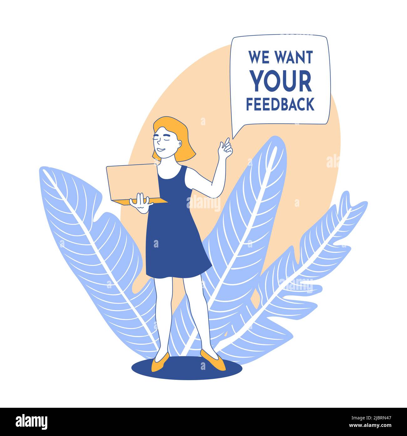 Feedback flat concept. Woman with laptop and speech bubble we need your ...