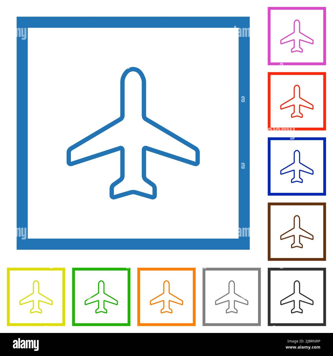 Airplane top view outline flat color icons in square frames on white ...