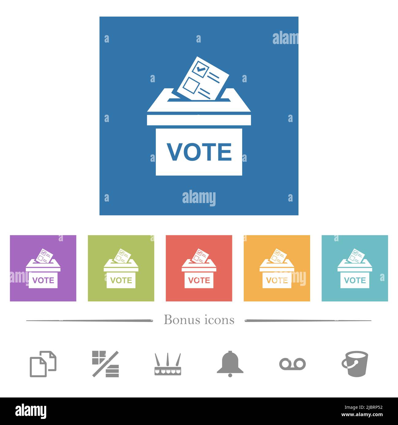 Voting paper and ballot box solid flat white icons in square ...