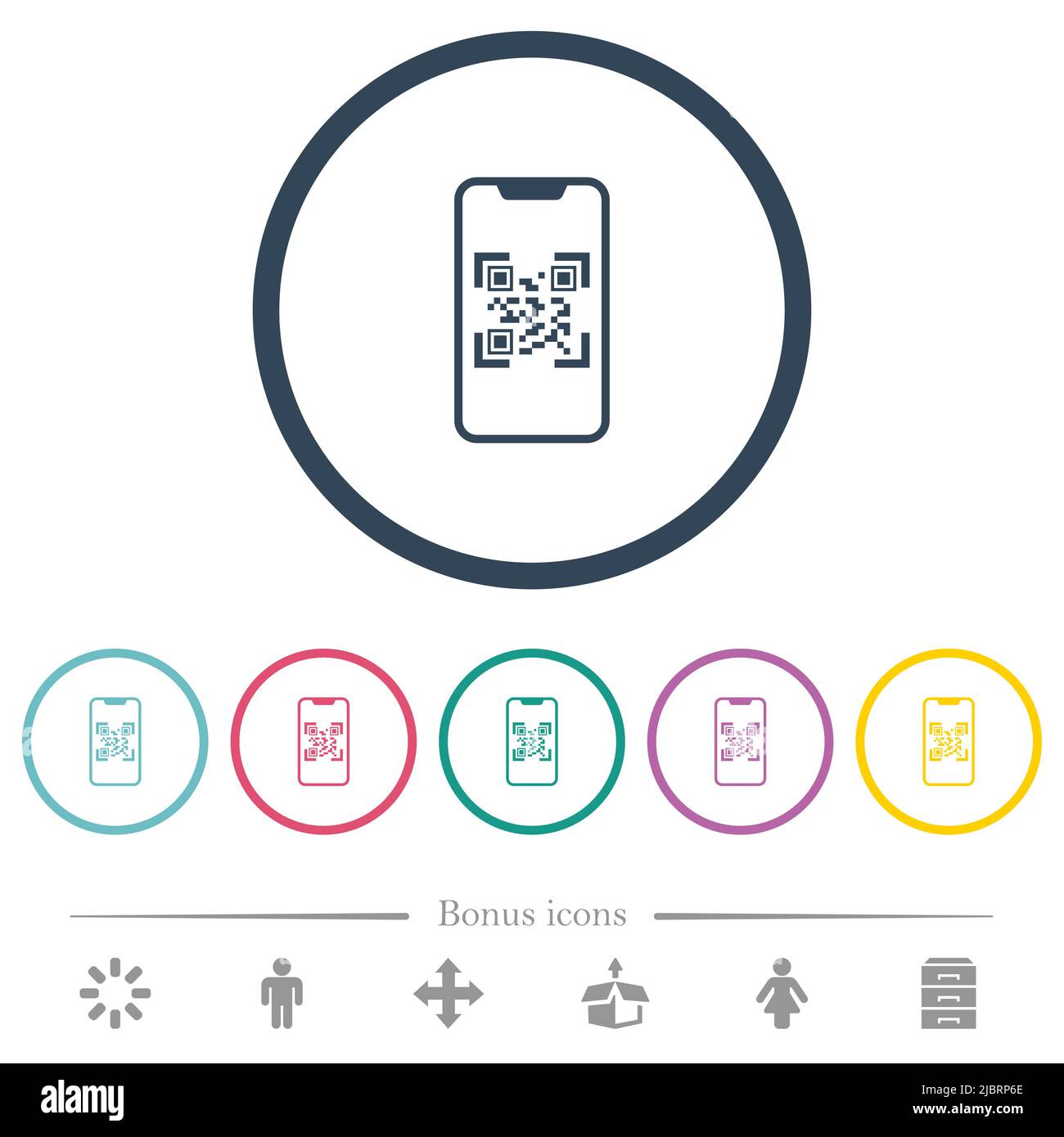 QR code scanning on modern smartphone flat color icons in round ...
