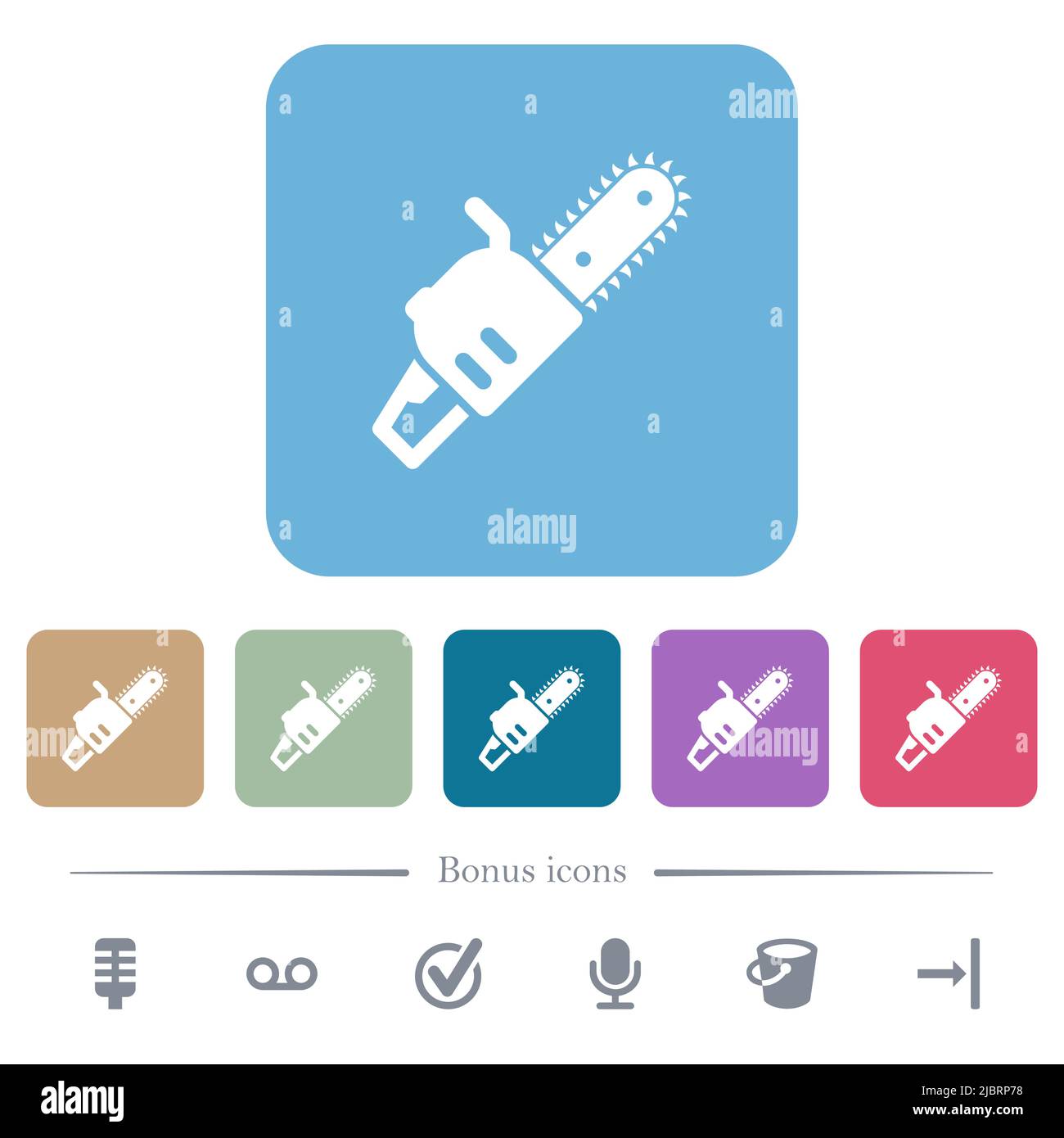 Chainsaw white flat icons on color rounded square backgrounds. 6 bonus ...