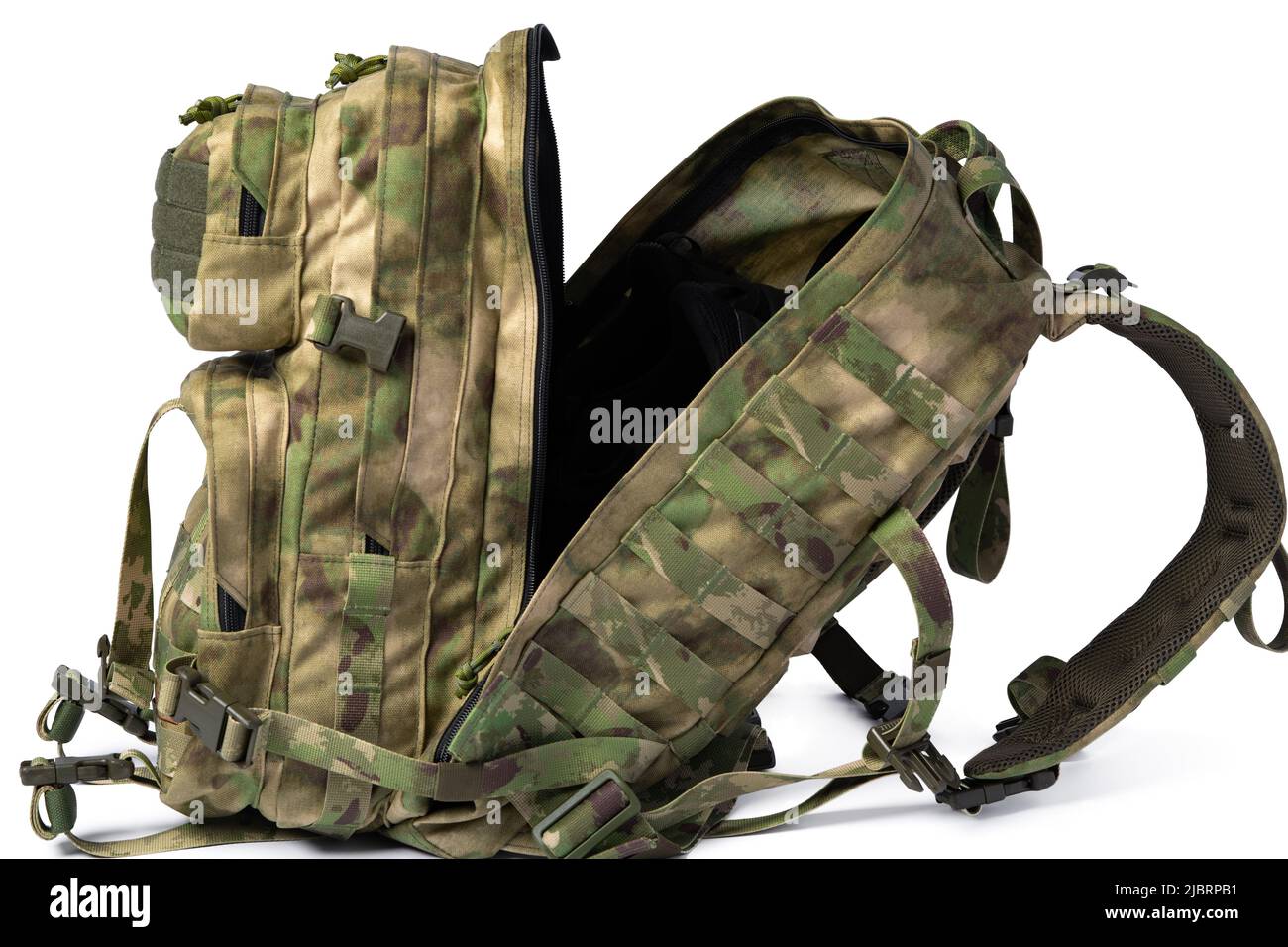 Open military backpack of khaki color on a white background Stock Photo ...