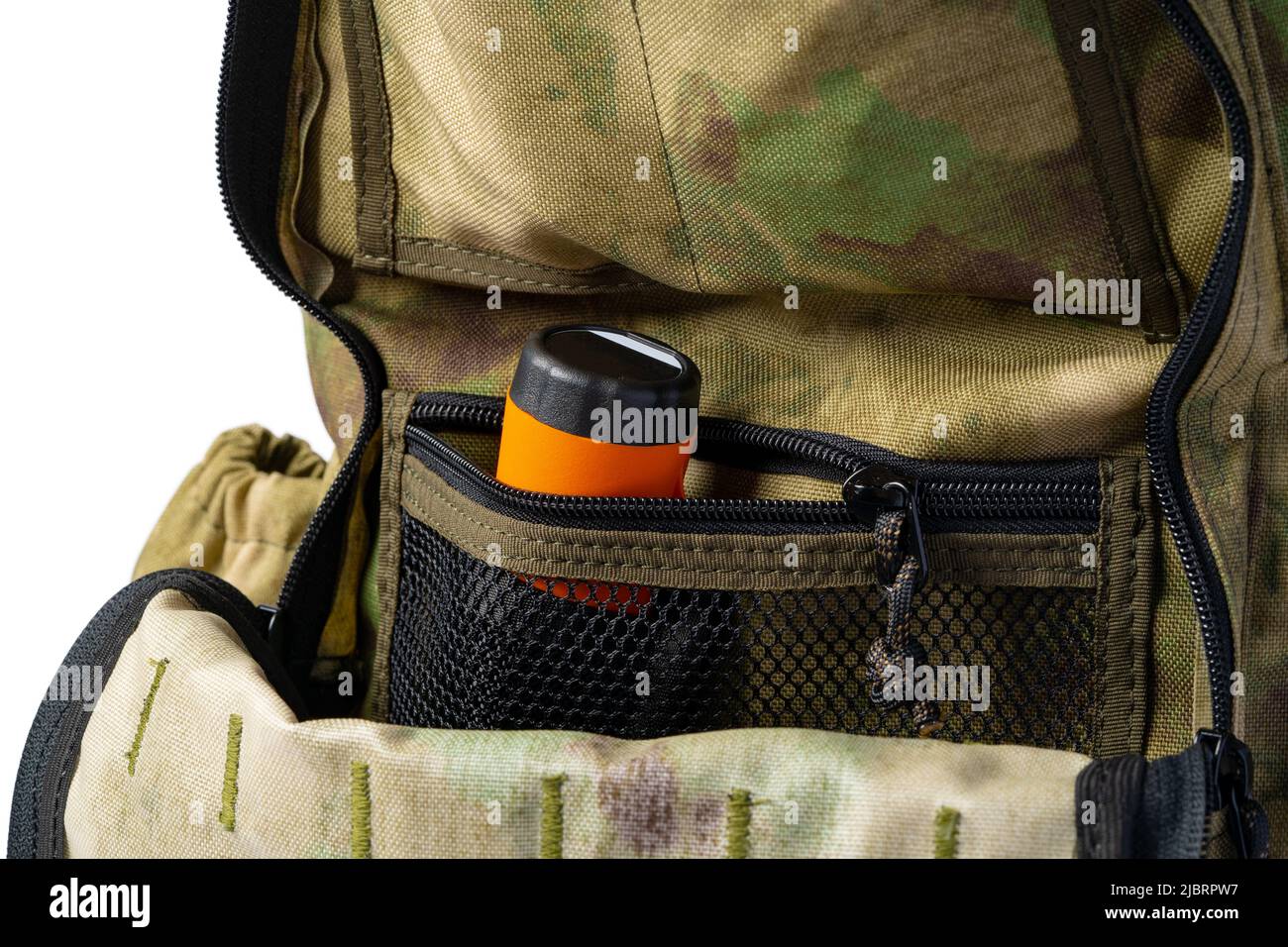 Open military backpack of khaki color on a white background Stock Photo ...